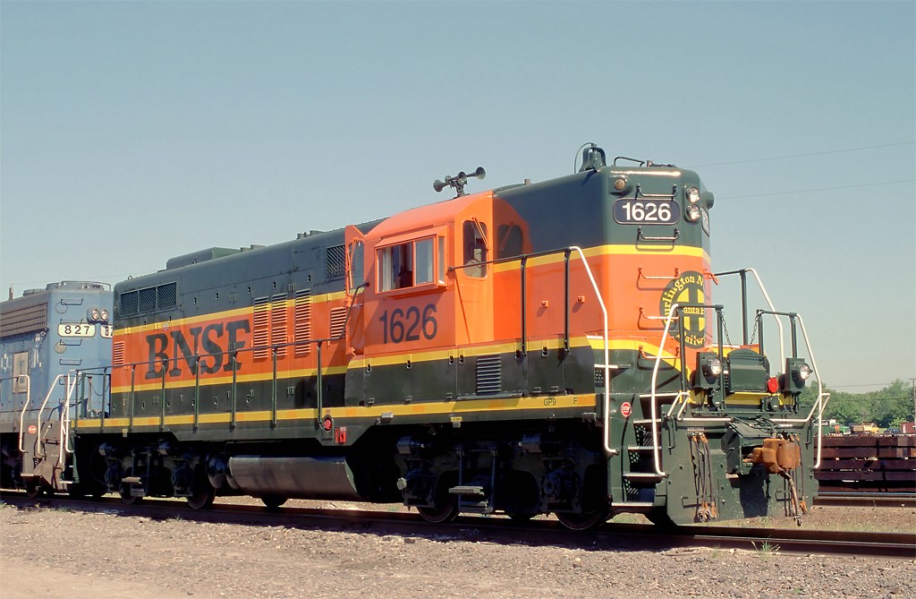 BNSF 1626, EMD GP9 repaint, is the local power at Eola Yard